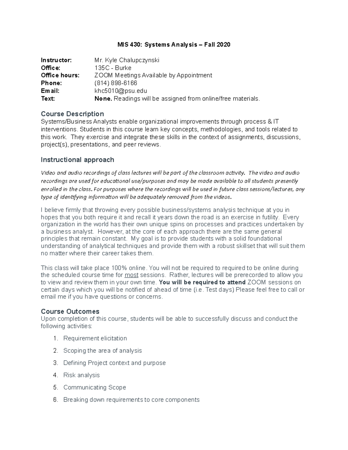 FA20 - MIS 430 Syllabus - Revised - MIS 430: Systems Analysis – Fall ...