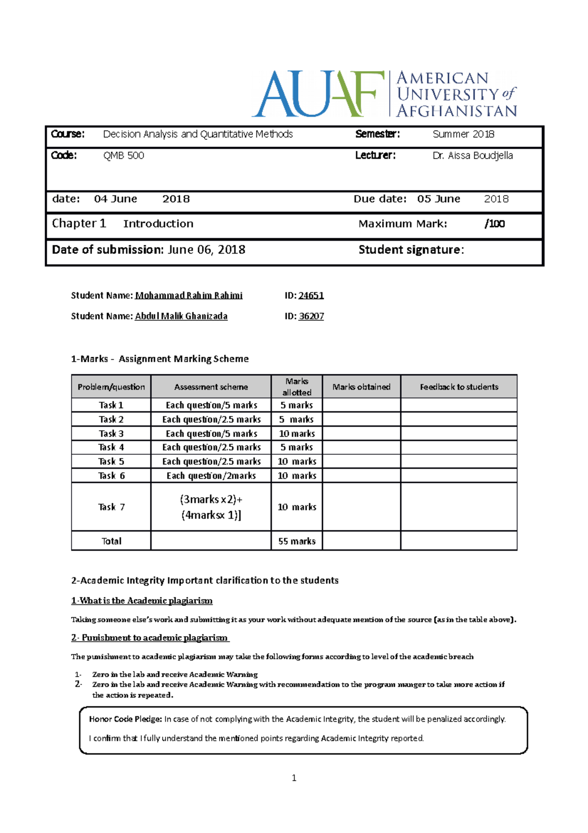 Test 2018, questions and answers - Course: Decision Analysis and ...