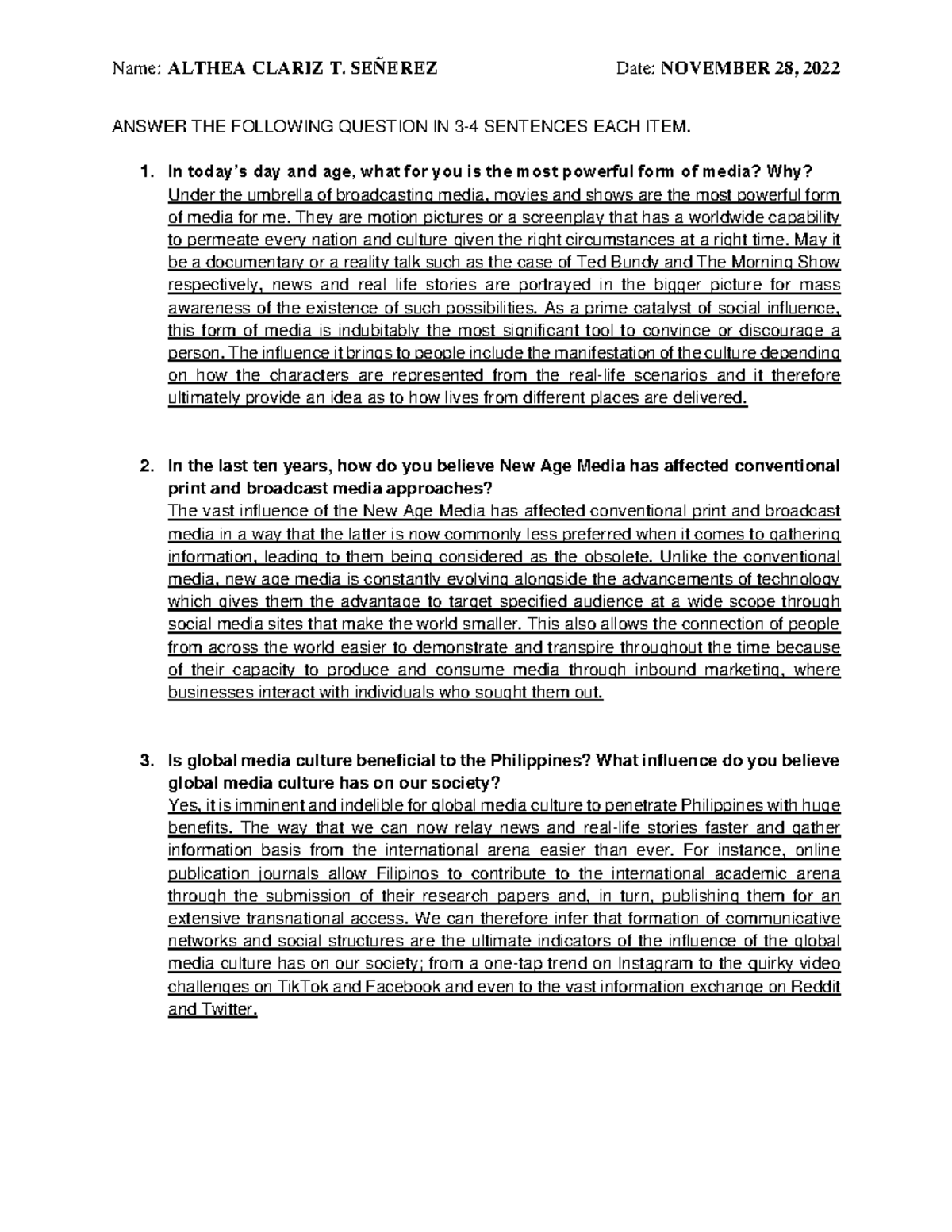 21st Century Media - Name: ALTHEA CLARIZ T. SEÑEREZ Date: NOVEMBER 28 ...