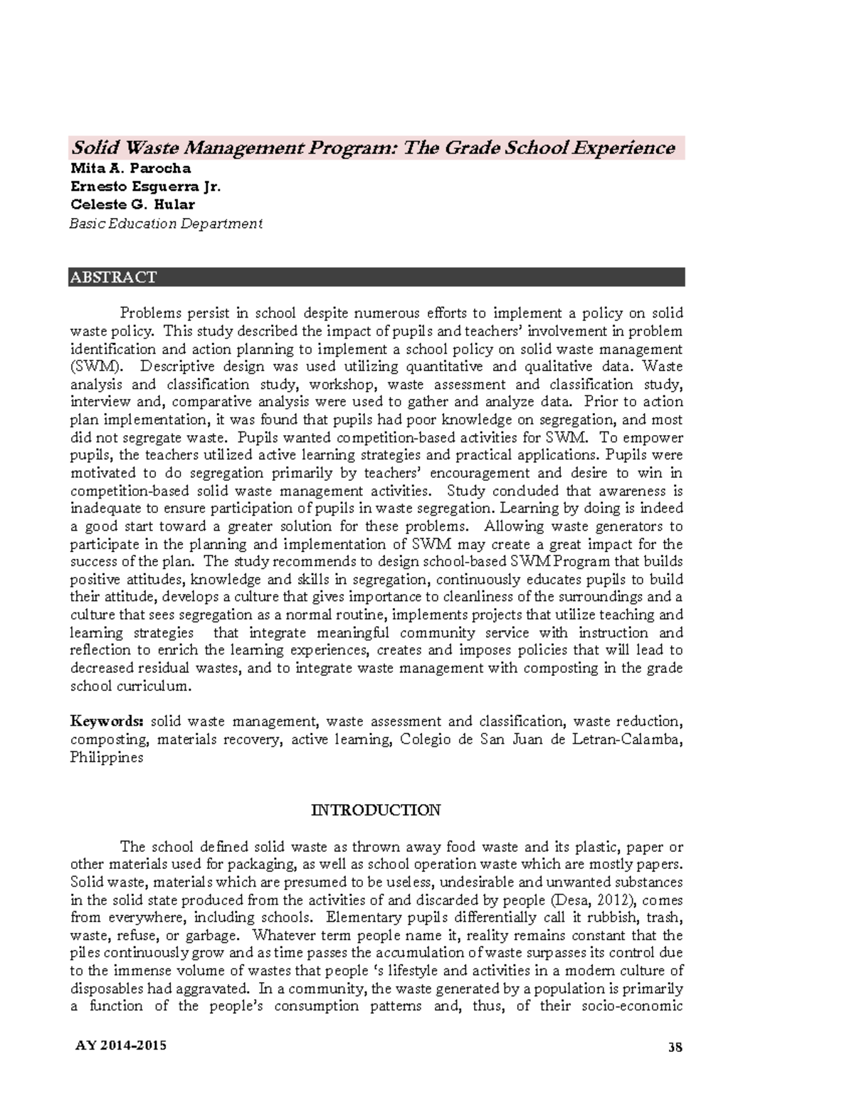 2015 Solid Waste Management Program The Grade School Experience - AY ...