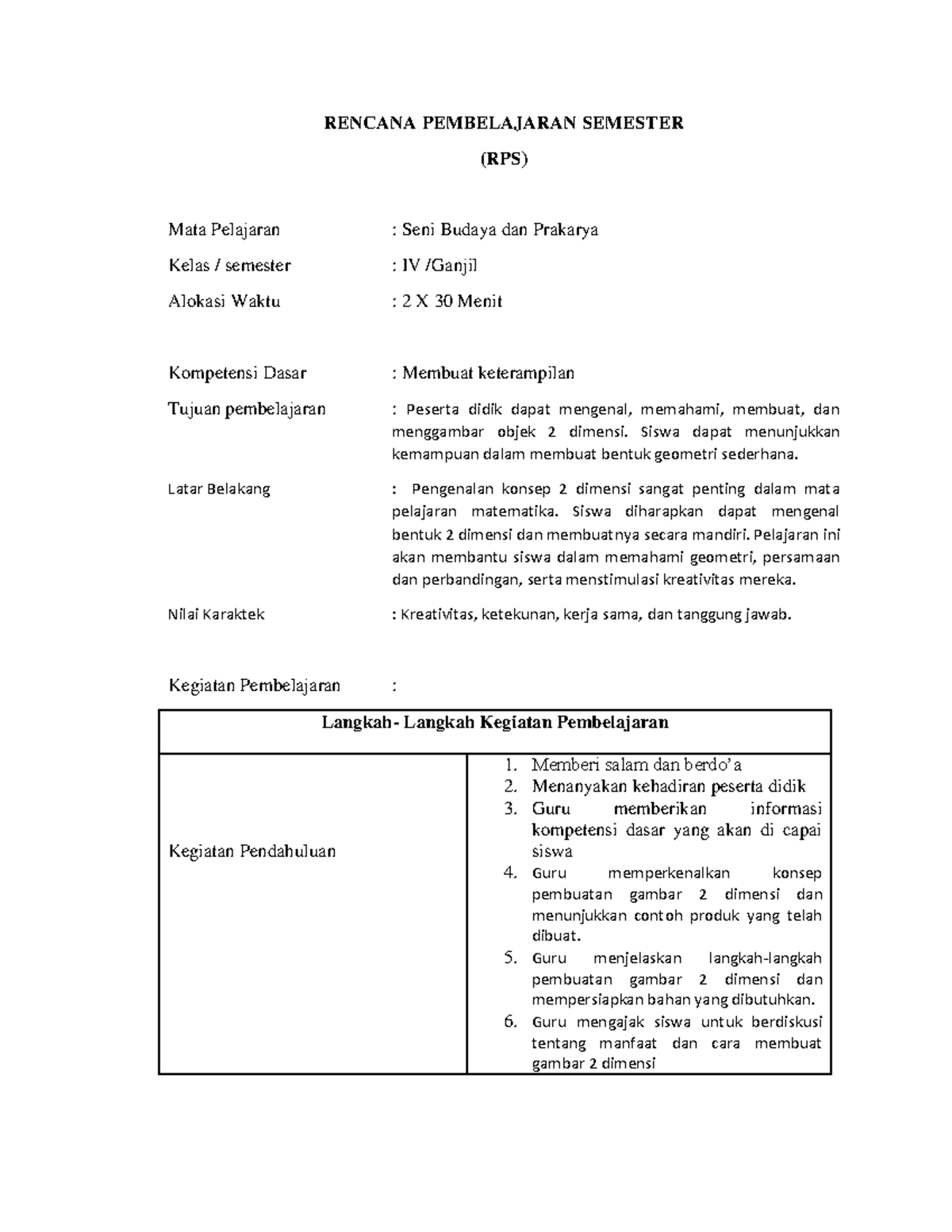RPS Keterampilan 2 Dimensi KEL.8 SBDP - RENCANA PEMBELAJARAN SEMESTER (RPS) Mata Pelajaran ...
