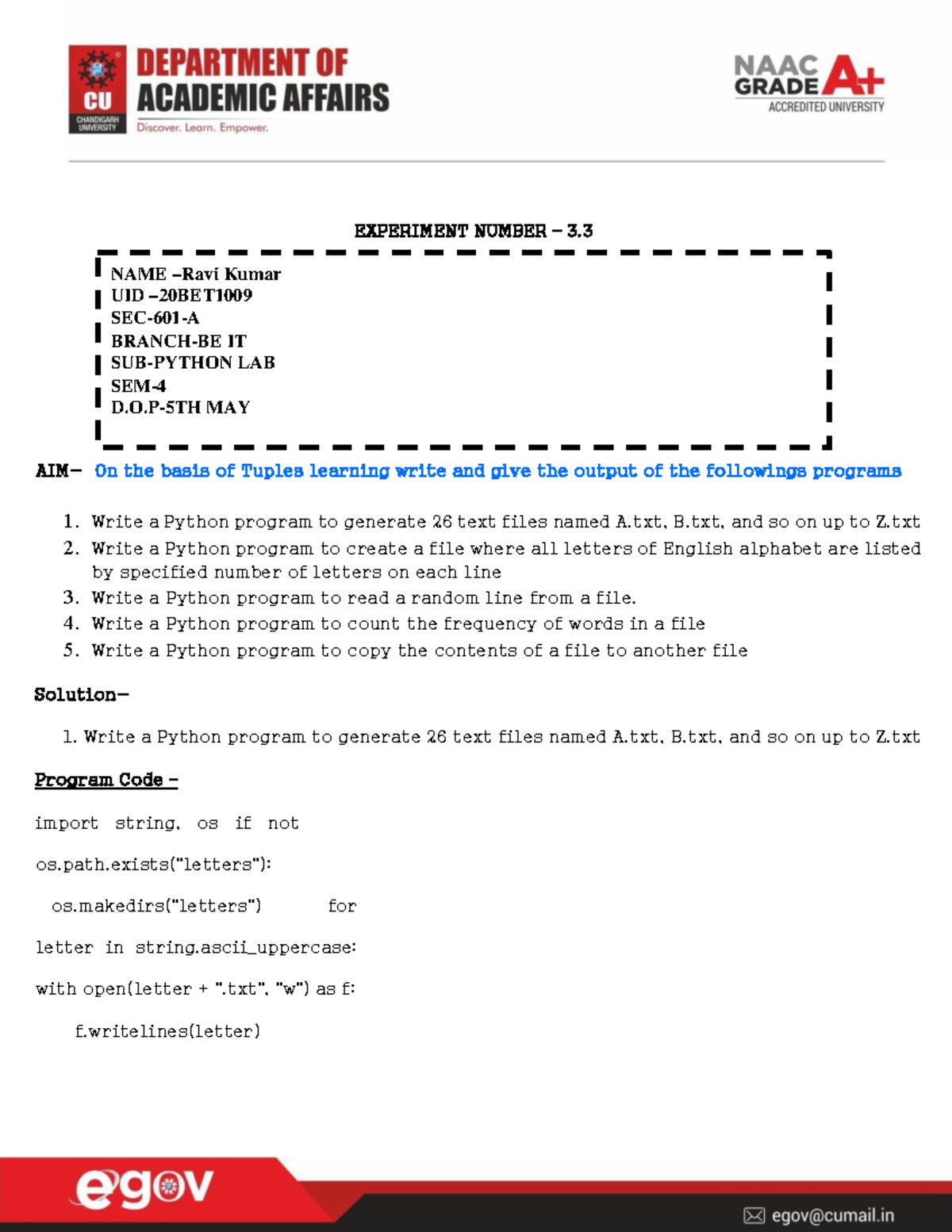 Experiment 3 Python Practical Worksheet Experiment Number 3 3 Aim On The Basis Of Tuples