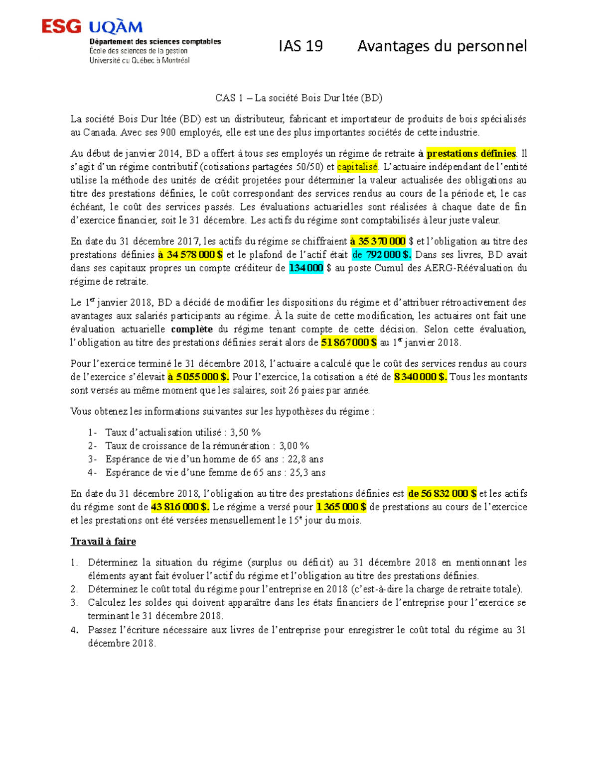 Cours 9 - IAS19 AP CAS1 BOIS DUR énoncé final - IAS 19 Avantages du ...