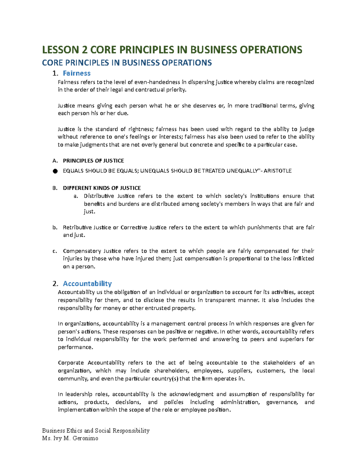 Lesson 2 CORE Principles IN Business Operations - LESSON 2 CORE ...