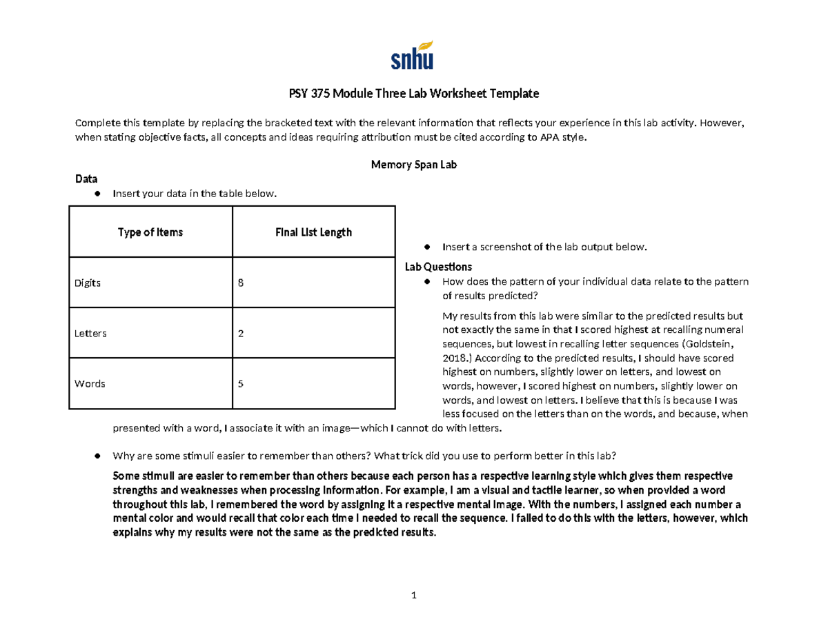 PSY 375 Module Three Lab Worksheet Template - PSY 375 Module Three Lab ...