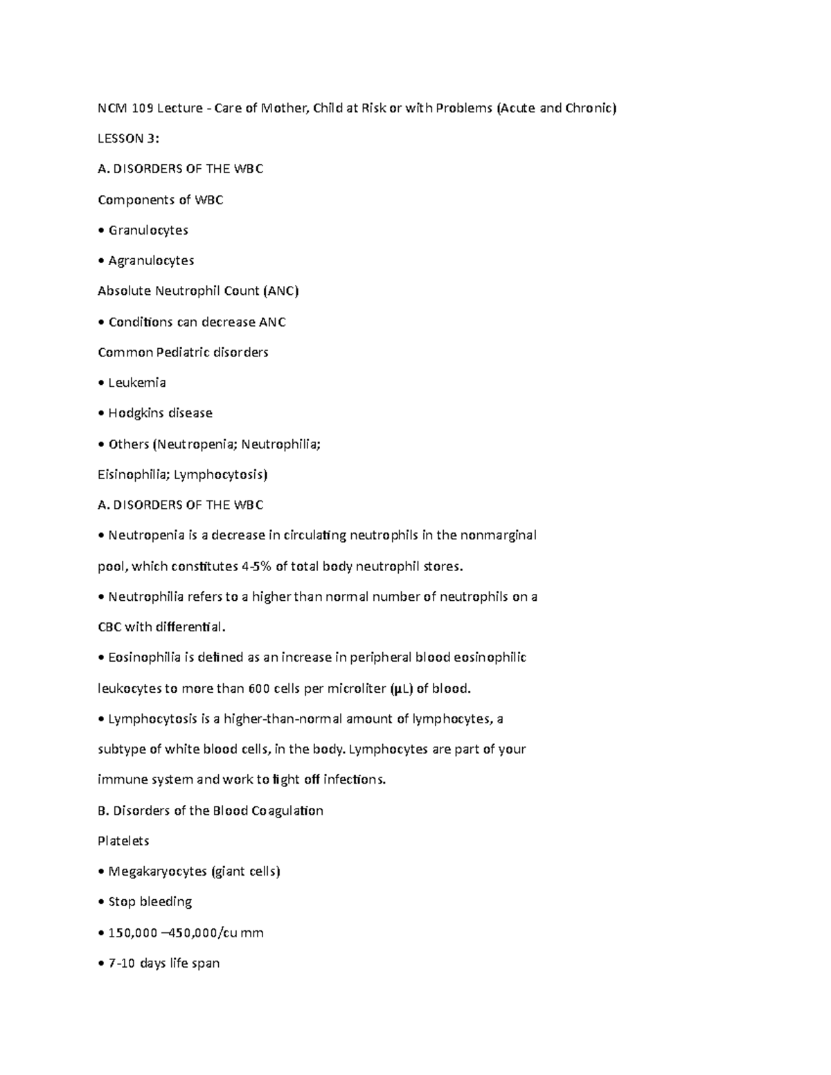 Reviewer Notes of Maternal and Child Care. NCM_109lecture.docx - NCM ...