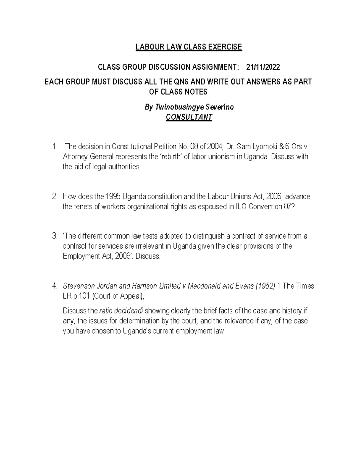 Labour Discussion - Good - LABOUR LAW CLASS EXERCISE CLASS GROUP ...