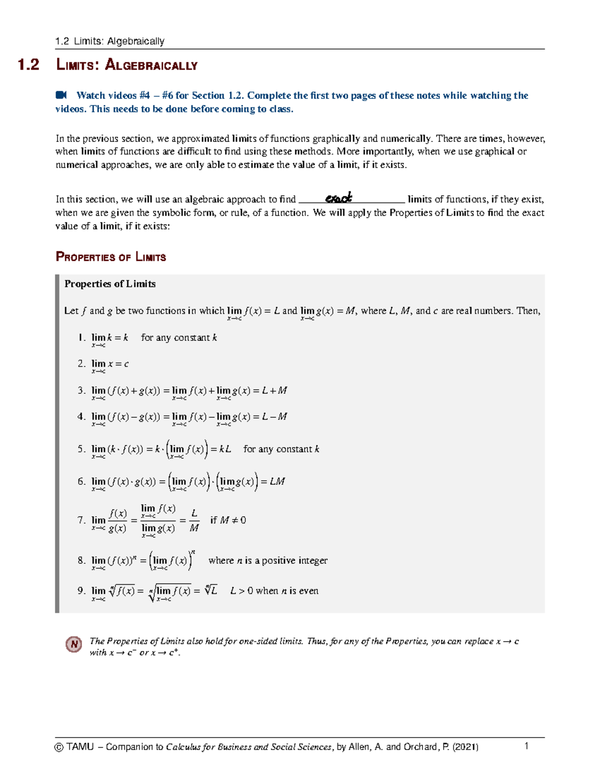 1.2 Notes - 1 Limits: Algebraically ￿ Watch videos #4 − #6 for Section ...