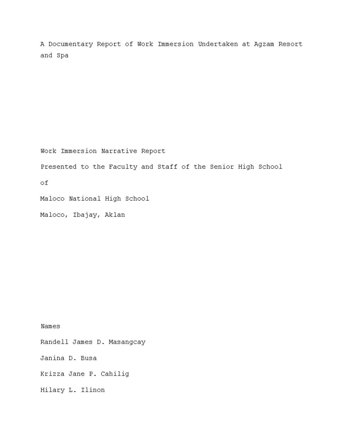 A Documentary Report of Work Immersion Undertaken at Agzam Resort and ...