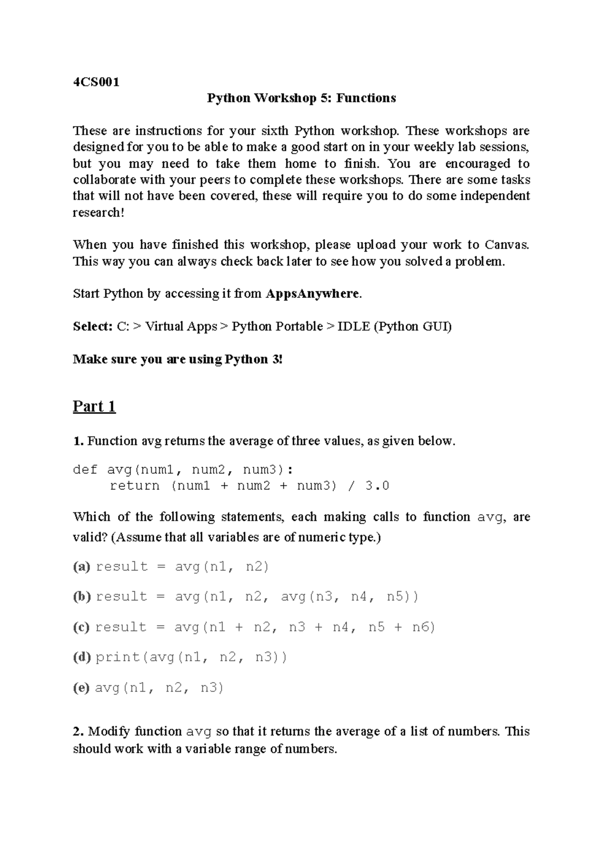 4CS001 Workshop 5 - COUNTS TO FINAL GRADE - 4CS Python Workshop 5: Functions These are ...