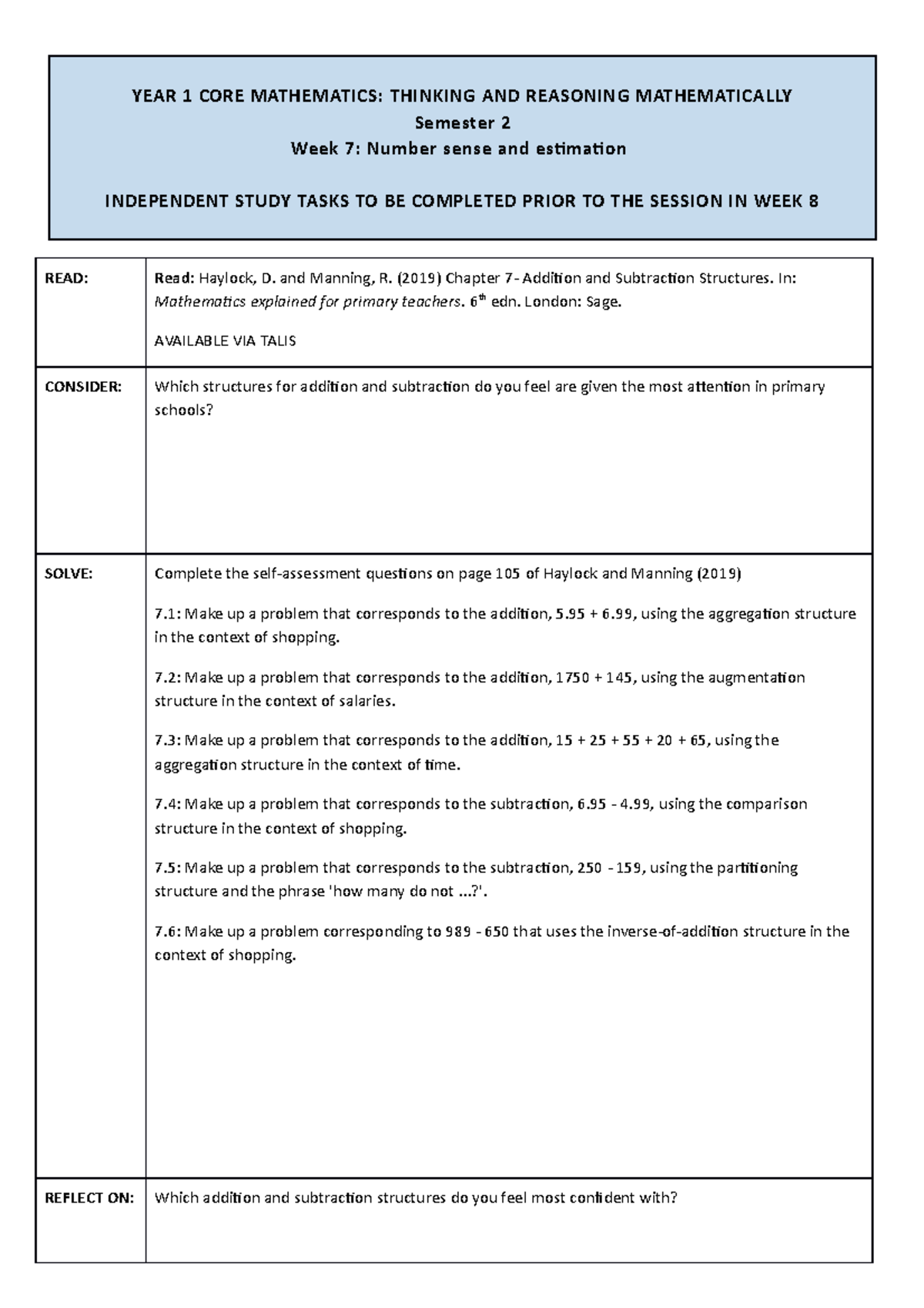 Tasks prior to week 8 - YEAR 1 CORE MATHEMATICS: THINKING AND REASONING ...