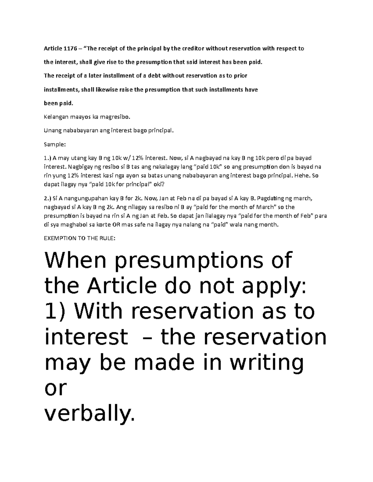 Articles-1176-1178 - OBLICON NOTES - Article 1176 – “The receipt of the ...
