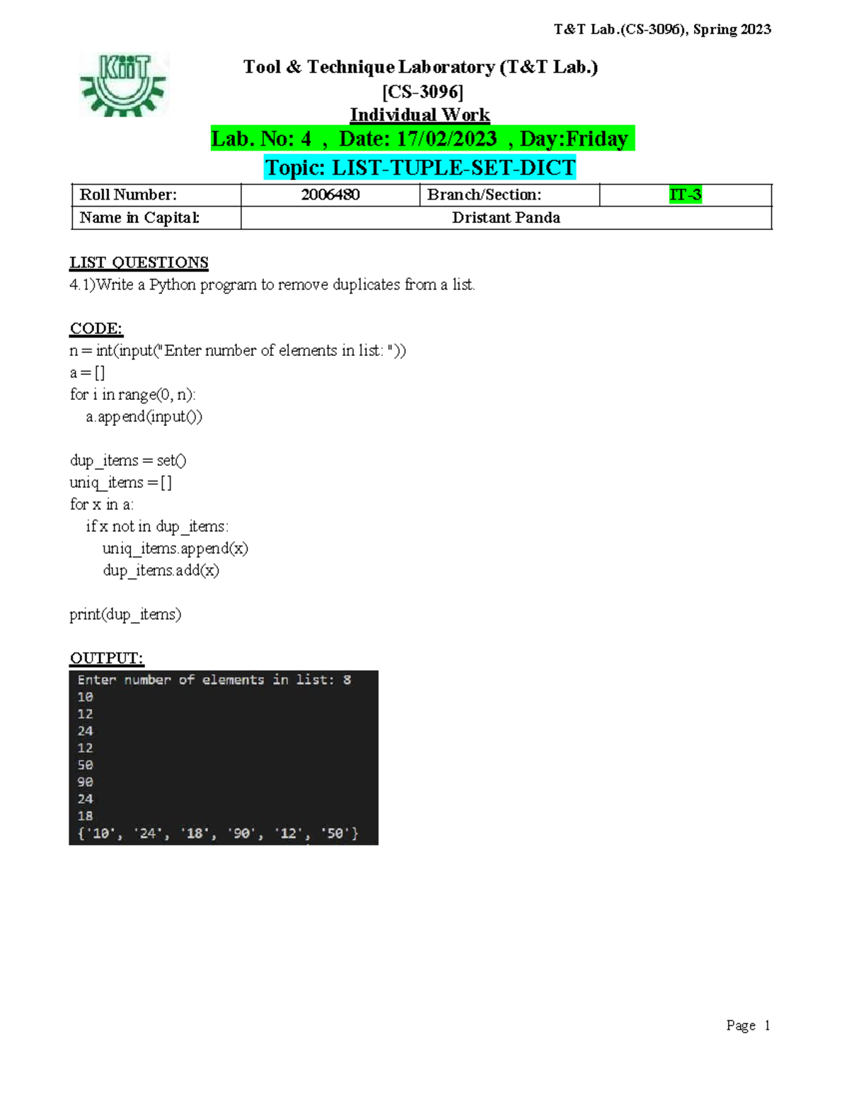 2006 480 LAB4- Quest - Good notes - Tool & Technique Laboratory (T&T ...