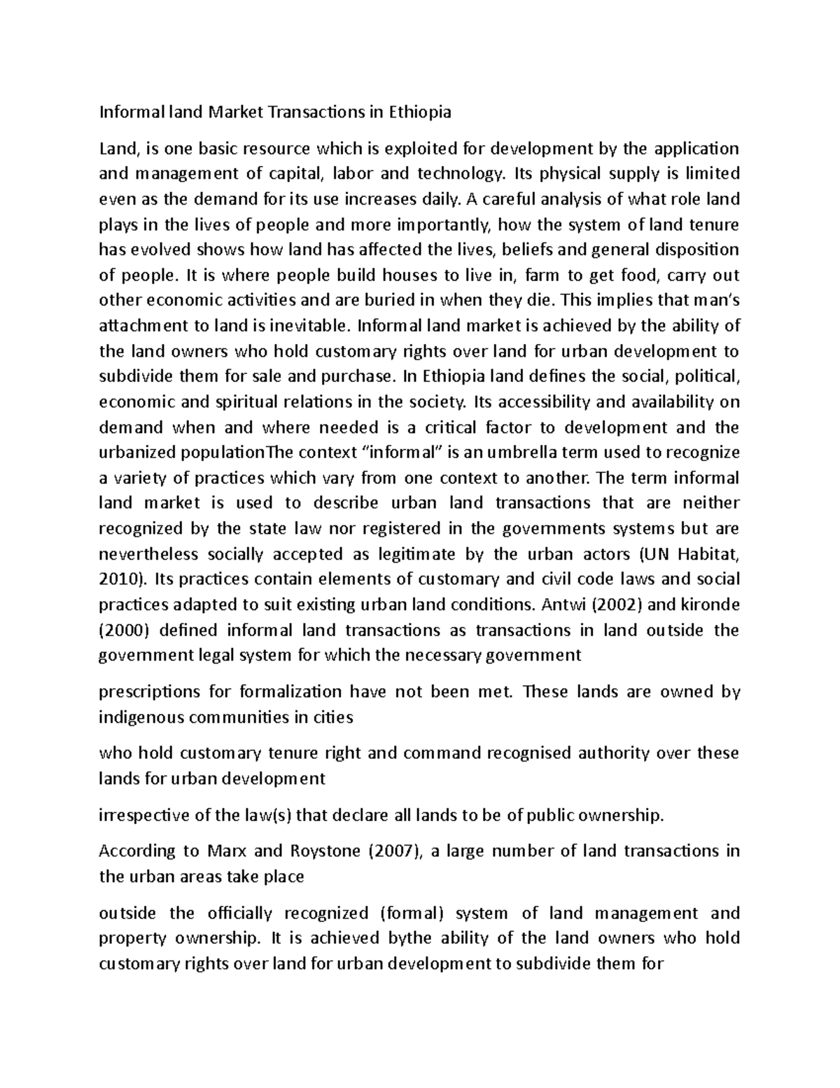 Informal land Market Transactions in Ethiopia - Its physical supply is ...