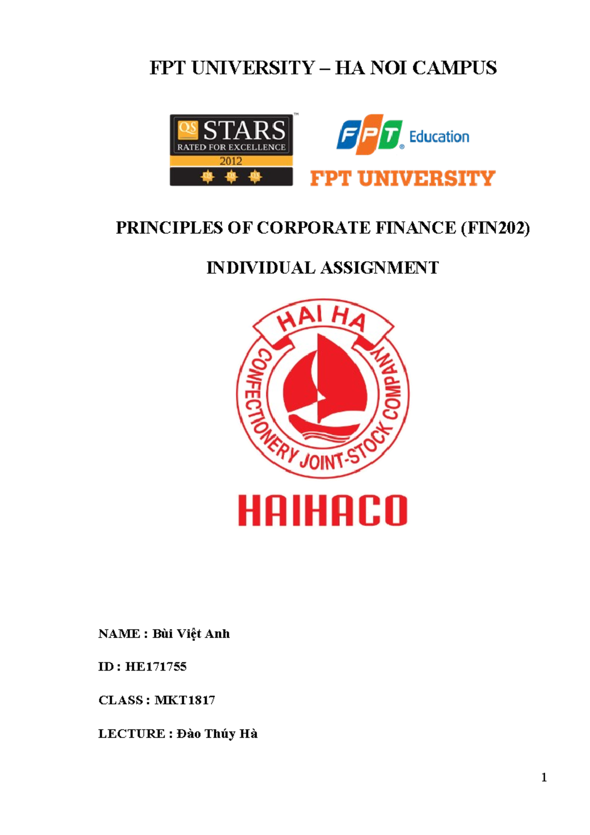 Indi - ...... - FPT UNIVERSITY – HA NOI CAMPUS PRINCIPLES OF CORPORATE ...