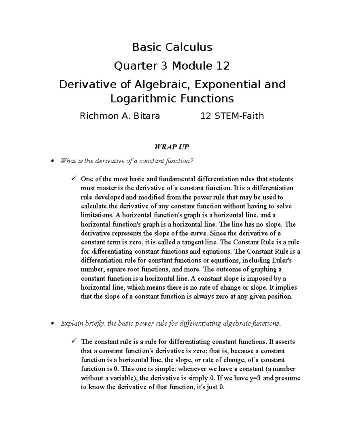 BCAL Q3 MOD 12 WRAP UP AND Valuing - Basic Calculus Quarter 3 Module 12 Derivative of Algebraic ...