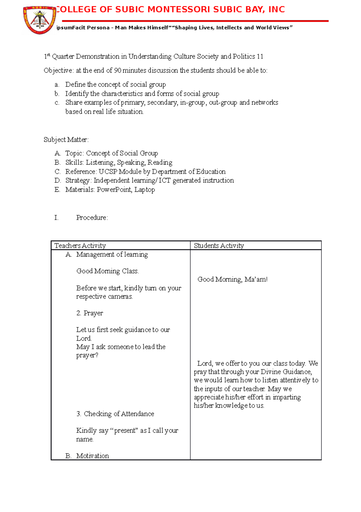 DLP-UCSP - Detailed lesson ppan - “SeipsumFacit Persona – Man Makes ...