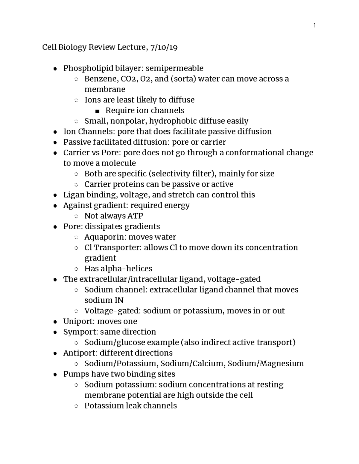 Cell Bio Test Review 3 Notes - 1 Cell Biology Review Lecture ...