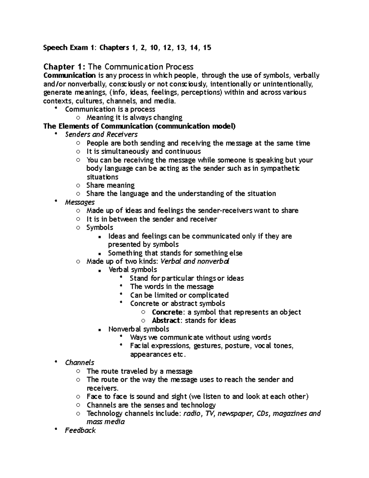SPC exam 1 notes - Speech Exam 1: Chapters 1, 2, 10, 12, 13, 14, 15 ...