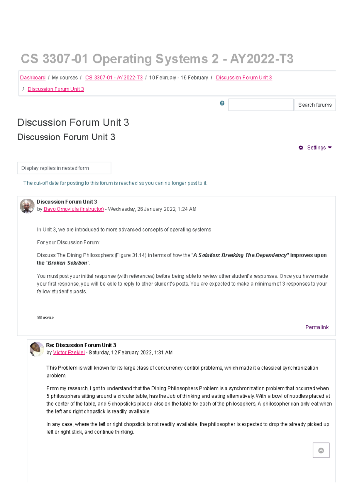 CS 3307-01 - AY2022-T3 Discussion Forum Unit 3 - CS 3307-01 Operating Systems 2 - AY2022-T - Studocu