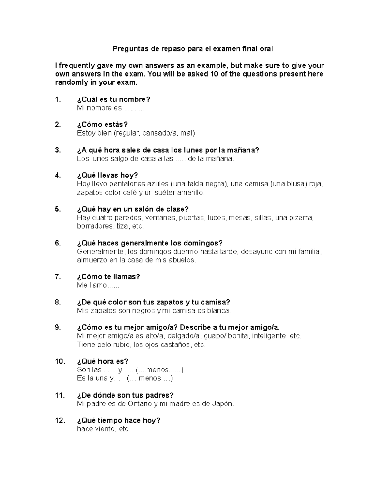 Note 12 - Intro Spanish Notes - Preguntas de repaso para el examen ...