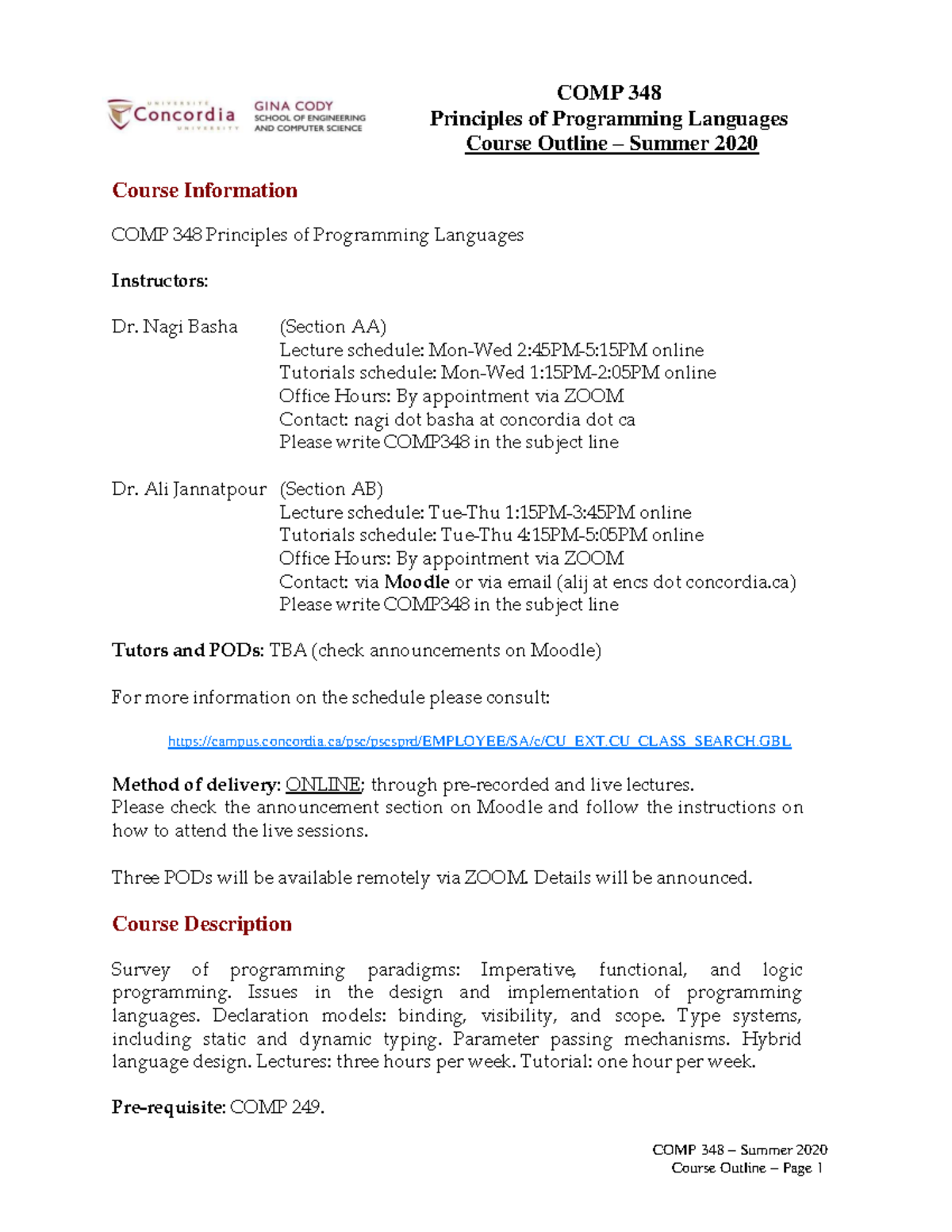 Comp348.00.2020s - Class information - COMP 348 – Summer 2020 COMP 348 Principles of Programming ...