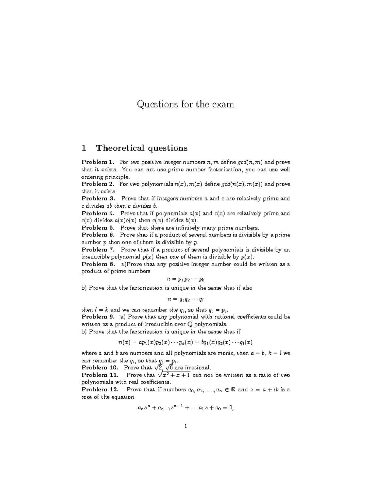Prepexam 1 - practice exam - Questions for the exam 1 Theoretical ...