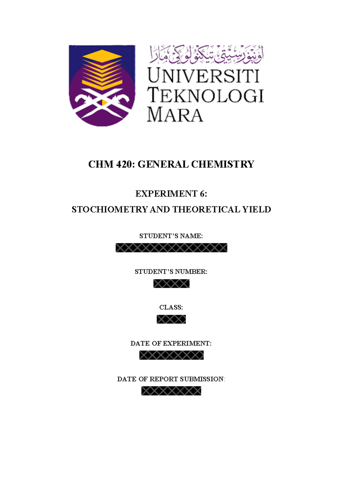 CHM 420 experiment 4 - LAB REPORT - CHM 420: GENERAL CHEMISTRY ...