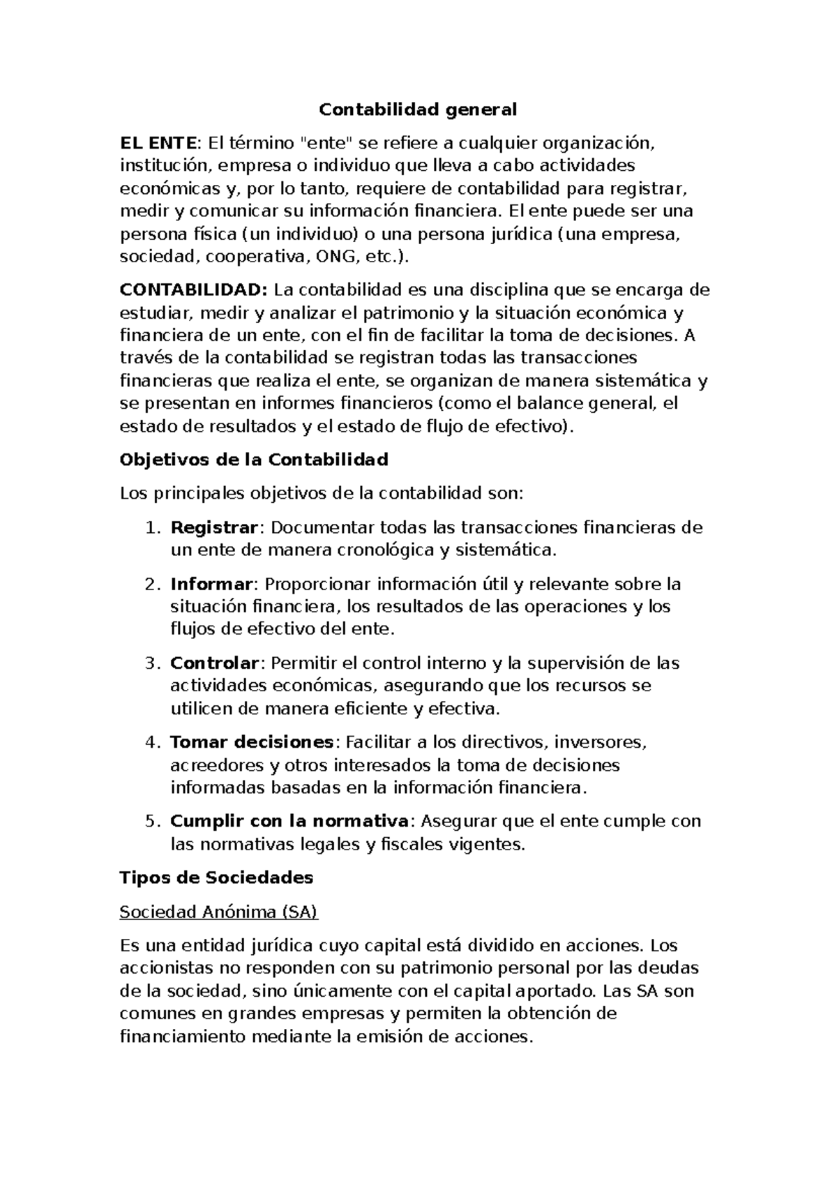 Resumen contabilidad - Contabilidad general EL ENTE: El término "ente ...