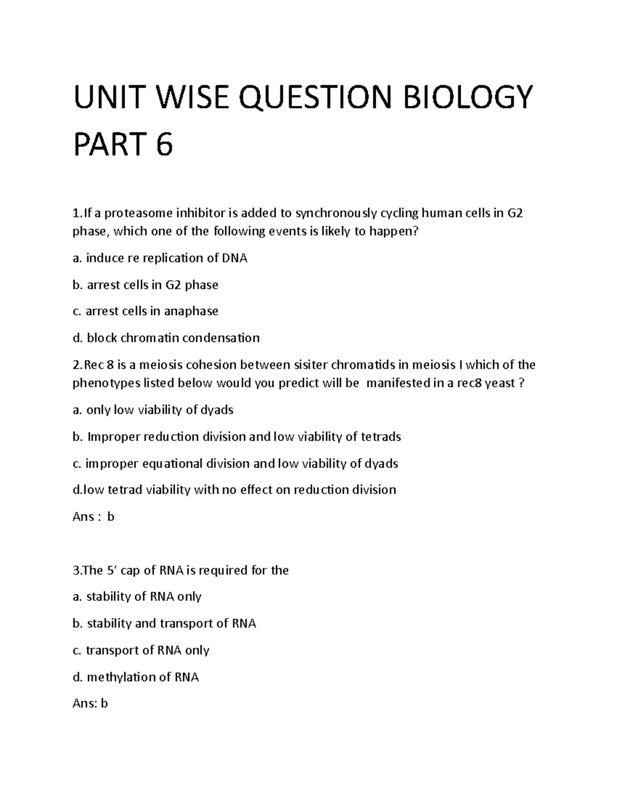 Unit wise cell biology part 6 - UNIT WISE QUESTION BIOLOGY PART 6 1 a ...
