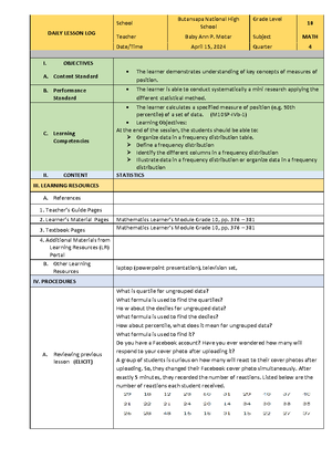 MATH10-Q4-M12 - Measures of position - 10 Mathematics Quarter 4 Self-Learning Module 12 Solving ...