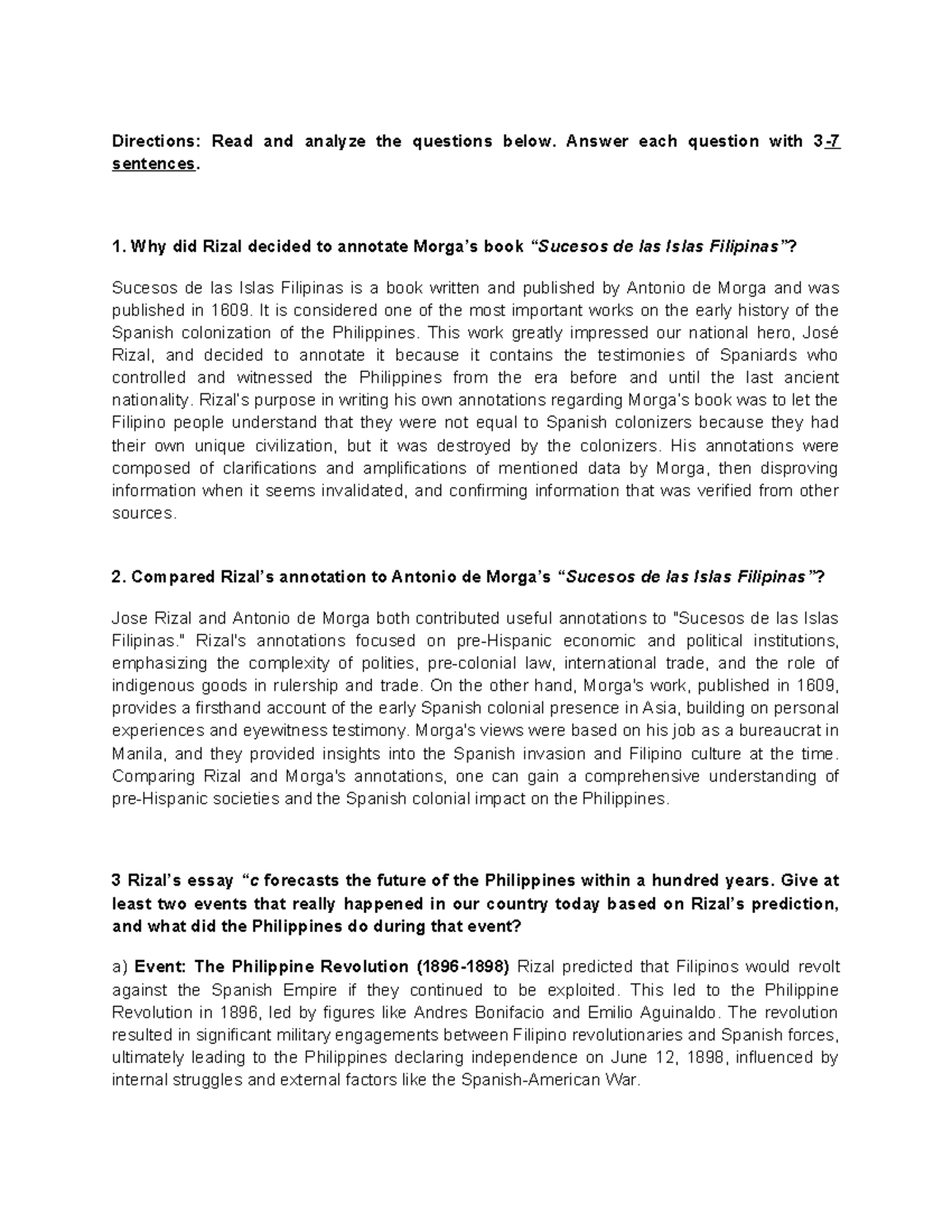 LIFE AND Works OF Rizal - ESSAY - Directions: Read and analyze the ...