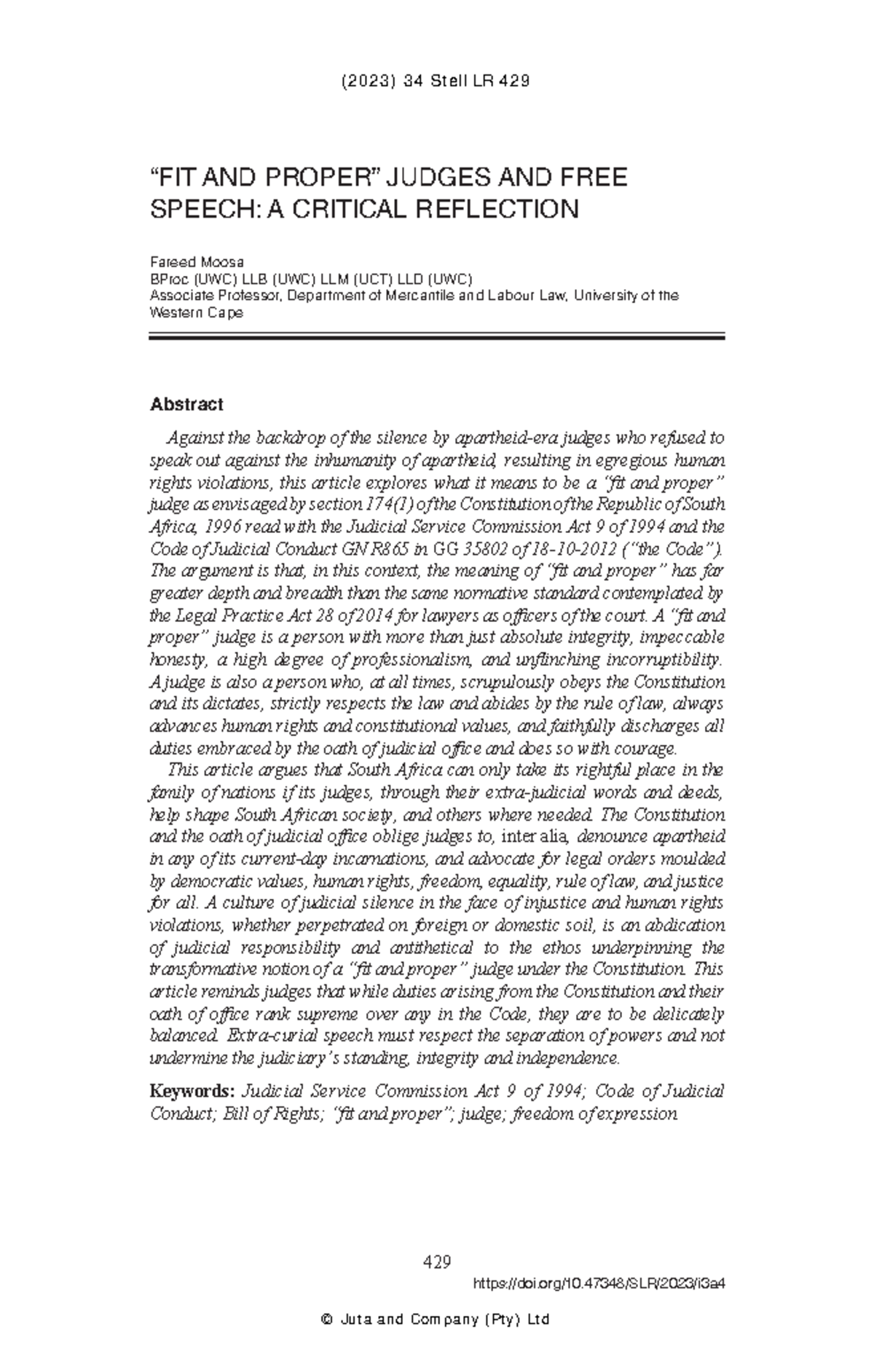 Moosa 2023 fit and proper judges and free speech a critical reflection ...