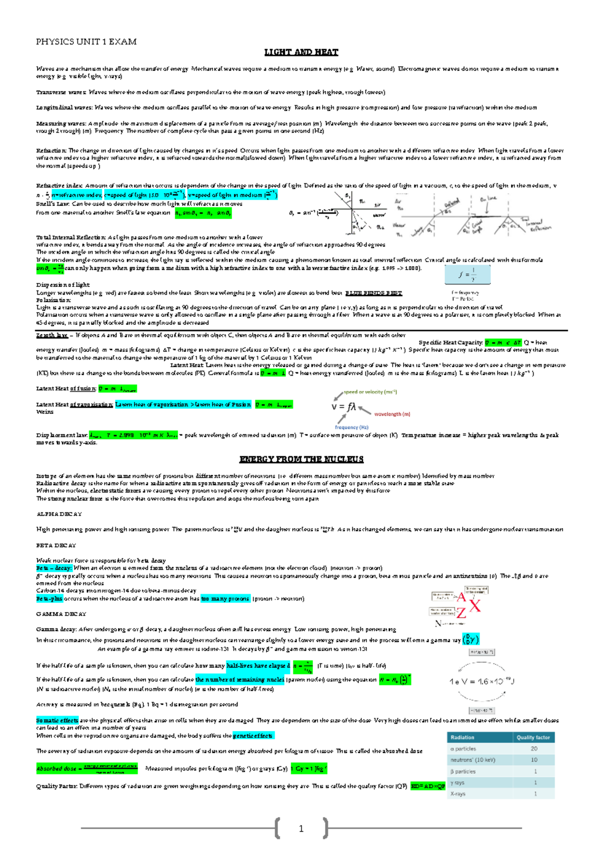 Physics unit 1 exam cheat sheet - PHYSICS UNIT 1 EXAM 1 LIGHT AND HEAT ...