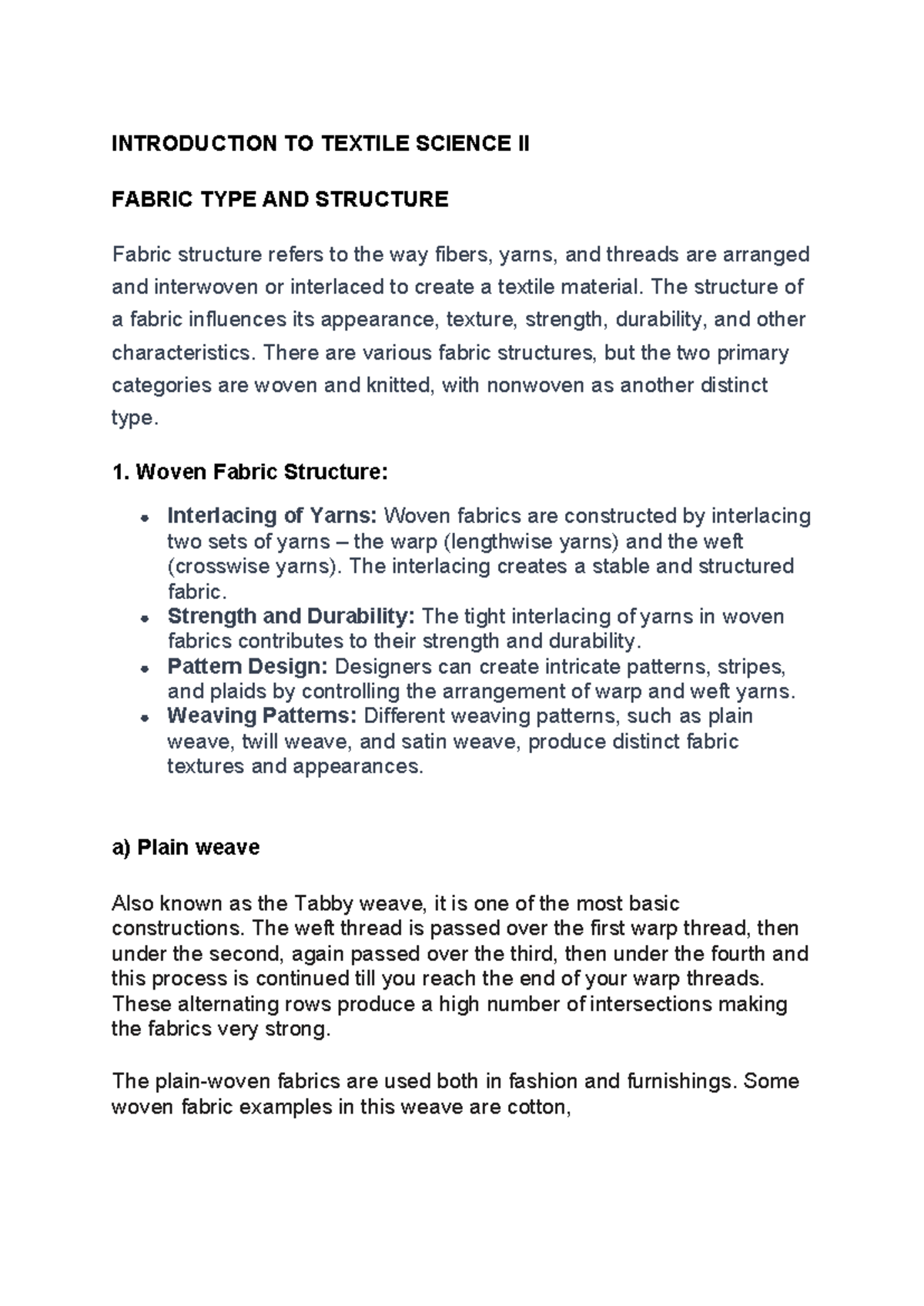 Introduction TO Textile Science II - INTRODUCTION TO TEXTILE SCIENCE II FABRIC TYPE AND ...