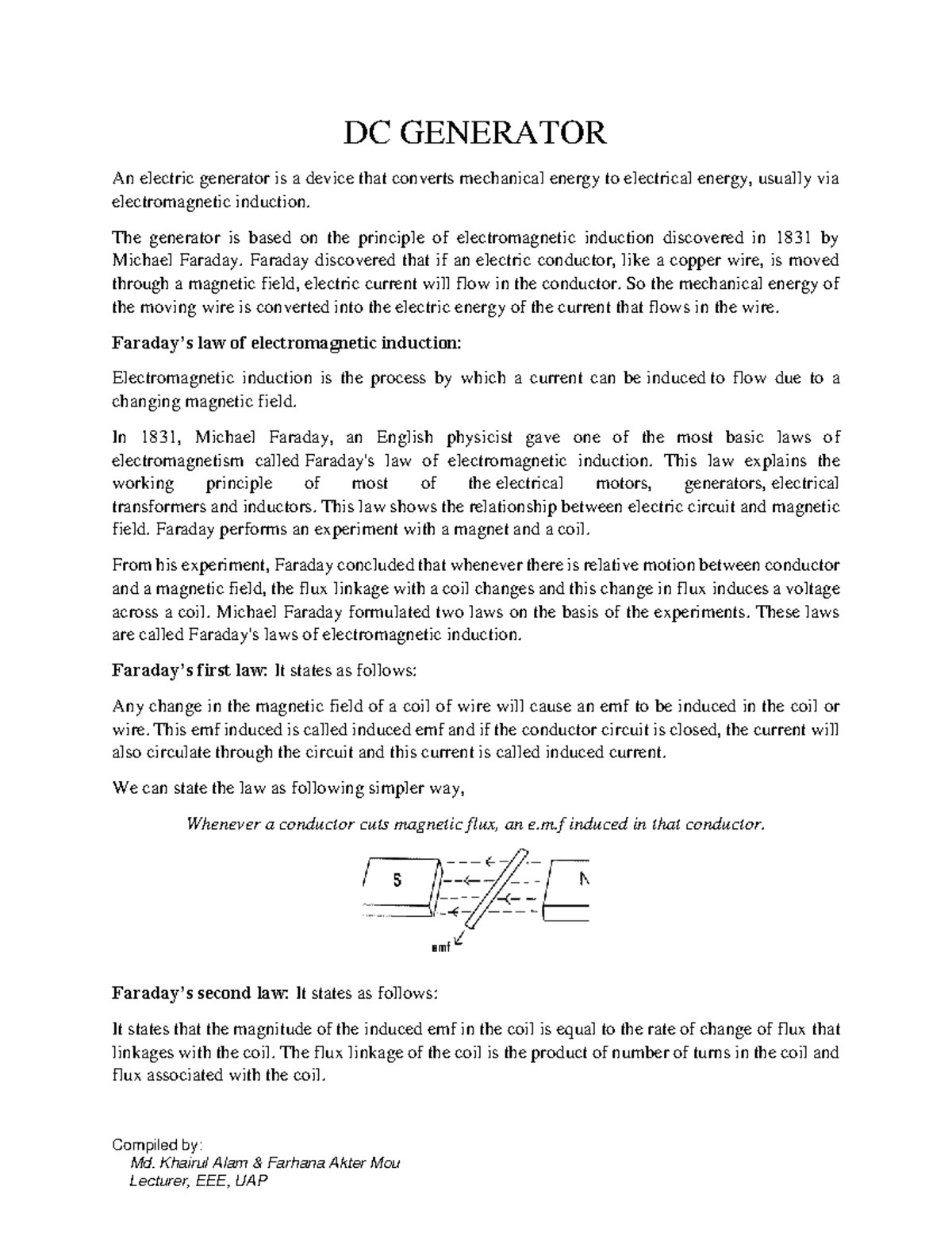 DC genrator - It is about DC generator - Compiled by: Md. Khairul Alam & Farhana Akter Mou DC ...