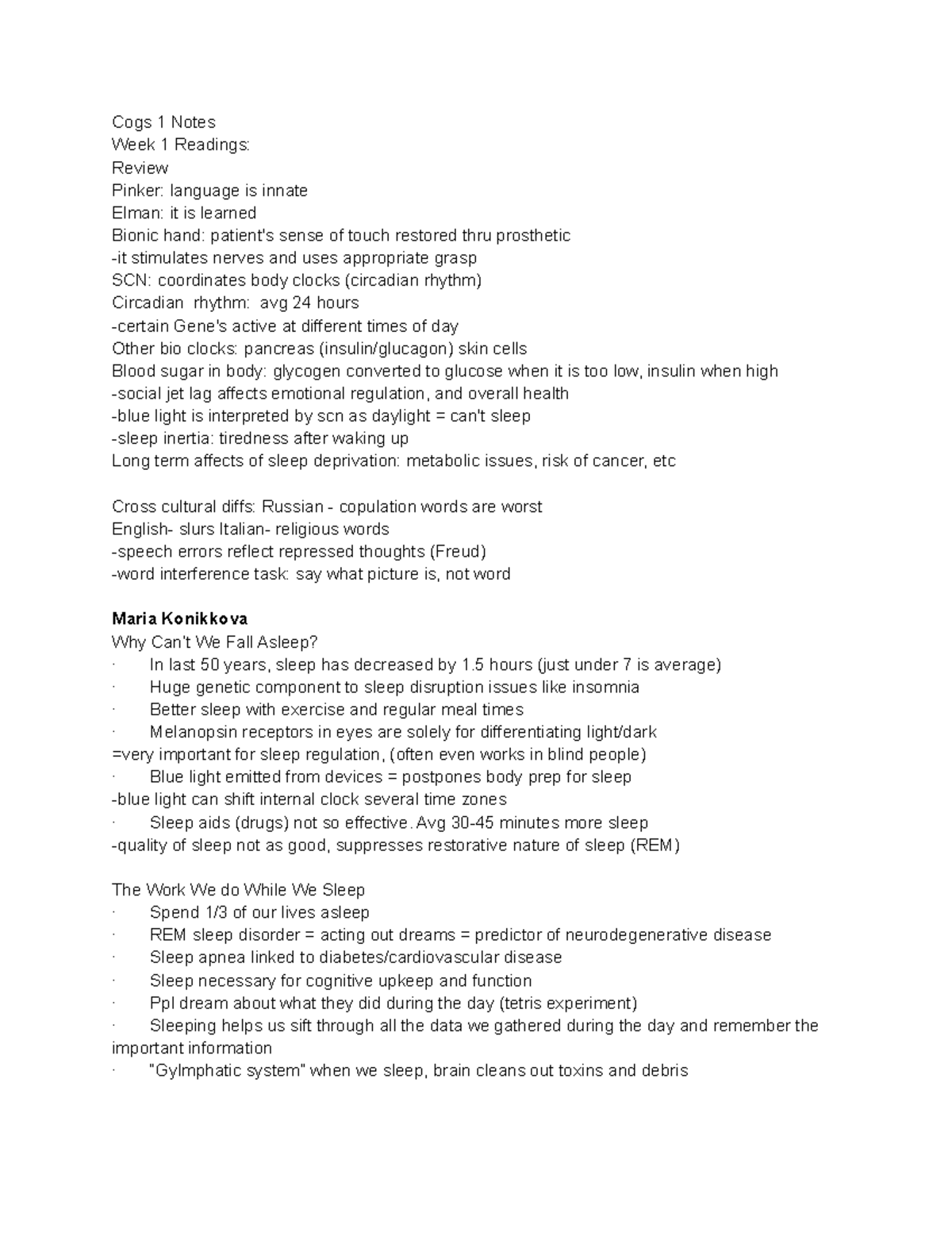 Cogs 1 Notes - Cogs 1 Notes Week 1 Readings: Review Pinker: language is ...