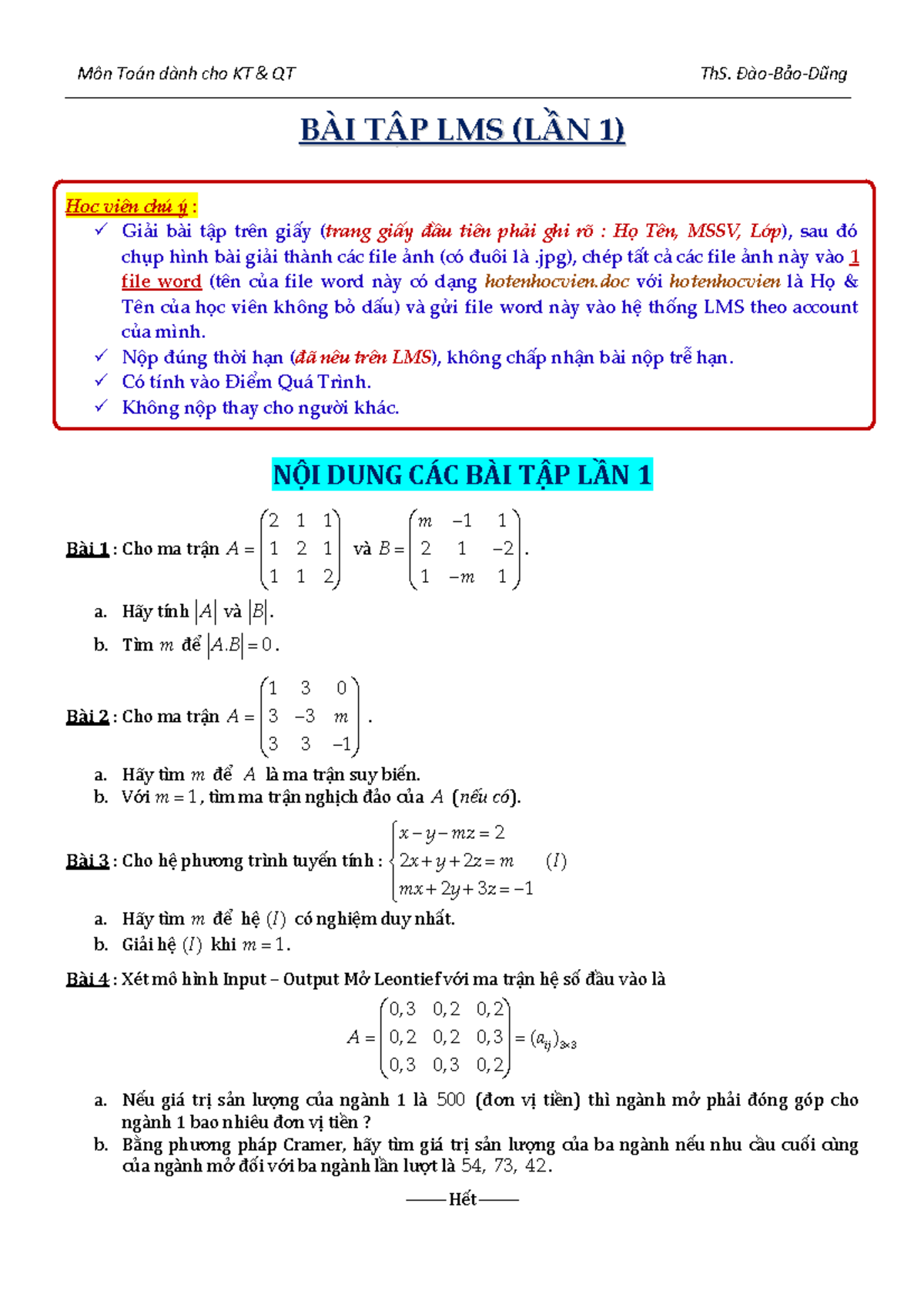 Bai Tap LMS - Lan 1 - bài tập toán - Môn Toán dành cho KT & QT ThS. Đào ...