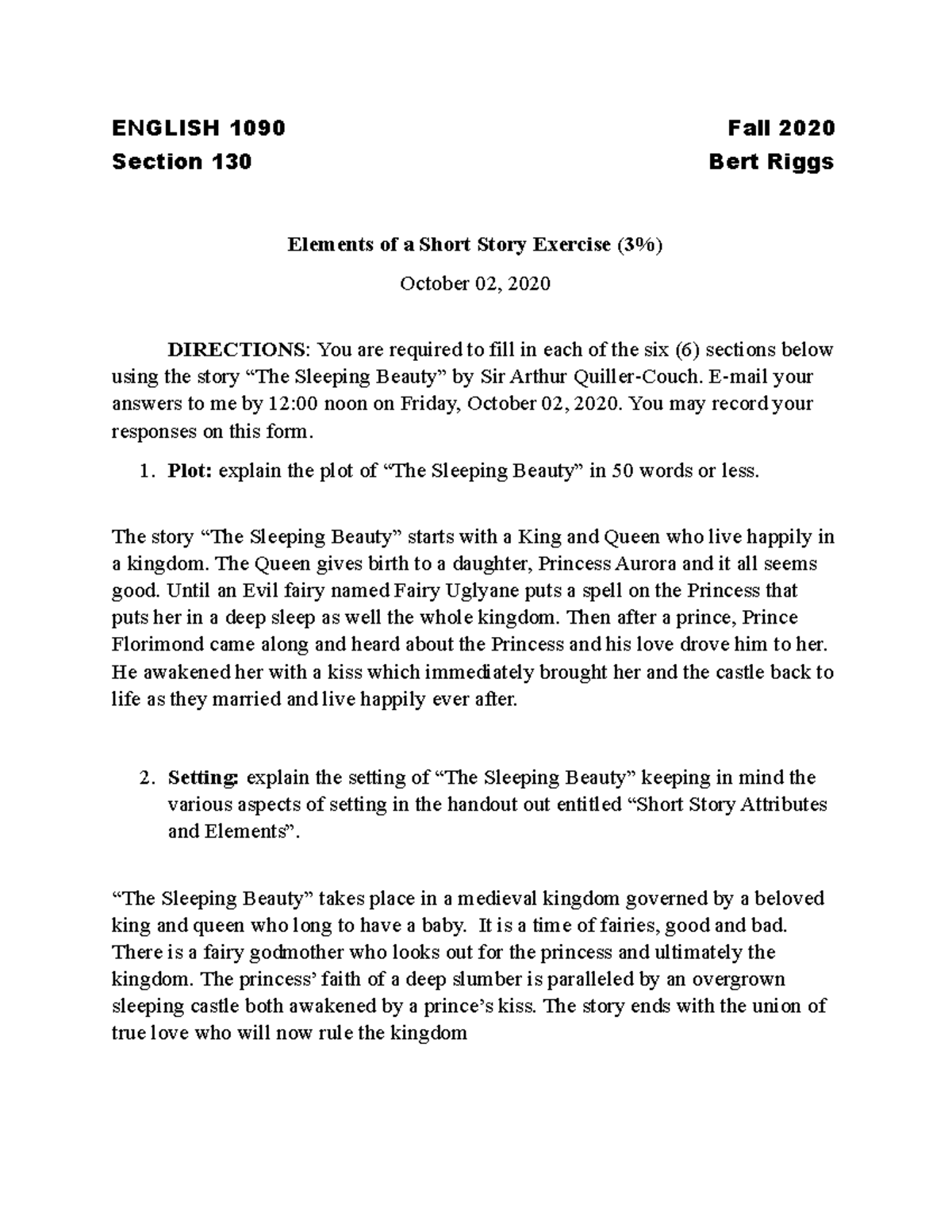 Elements Of Short Story Exercise ENGLISH 1090 Fall 2020 Section 130