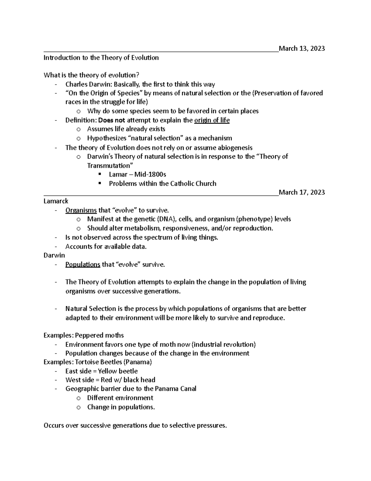 Evolution Notes - Dr. Donley - - Studocu