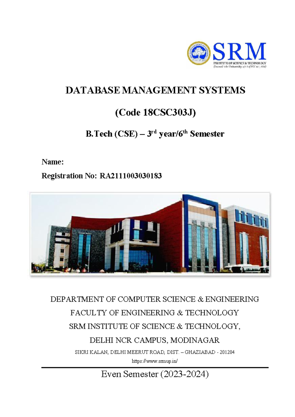 Dbms file - HARSH VARDHAN SHARMA RA DATABASE MANAGEMENT SYSTEMS (Code 18CSC303J) B (CSE) – 3 rd ...