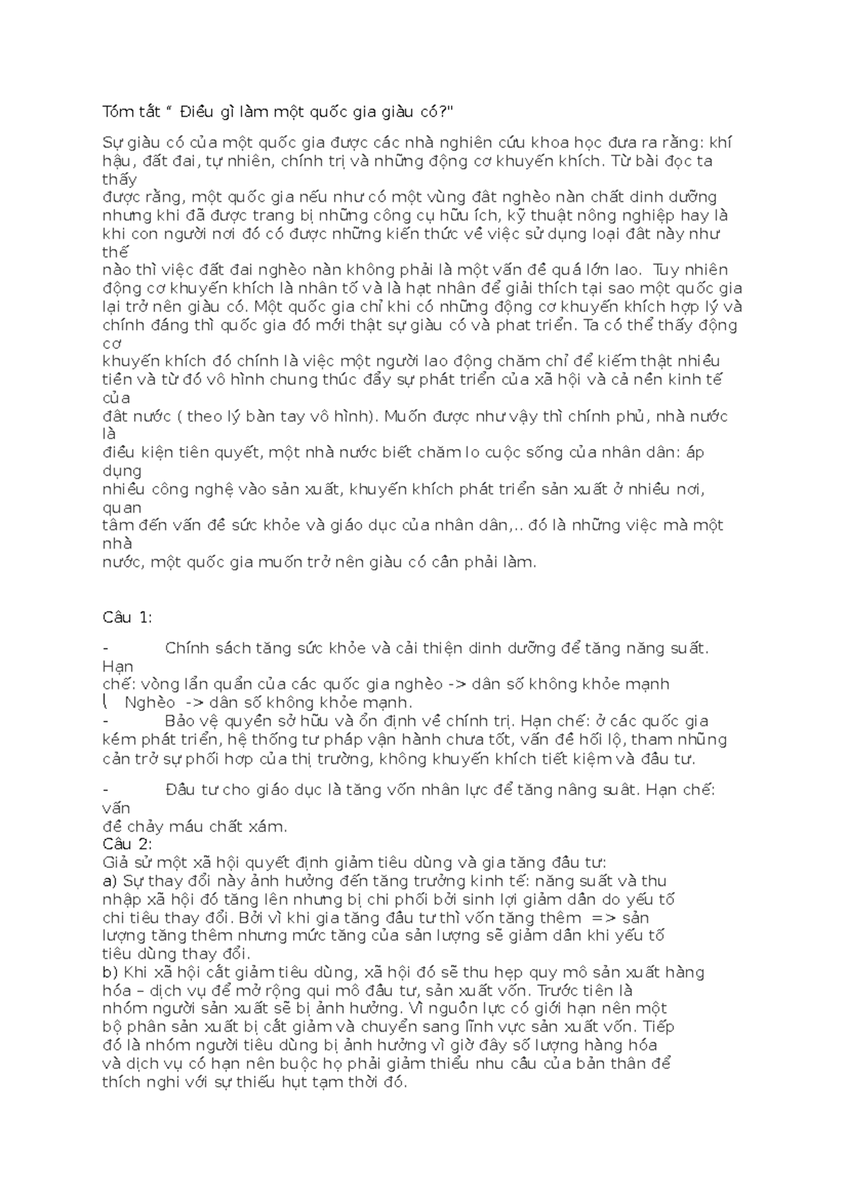 BTVN KTVM C12 - ưuihdsjfjsdbfhjdbg - Tóm tắt “ Điều gì làm một quốc gia giàu có?" Sự giàu có ...