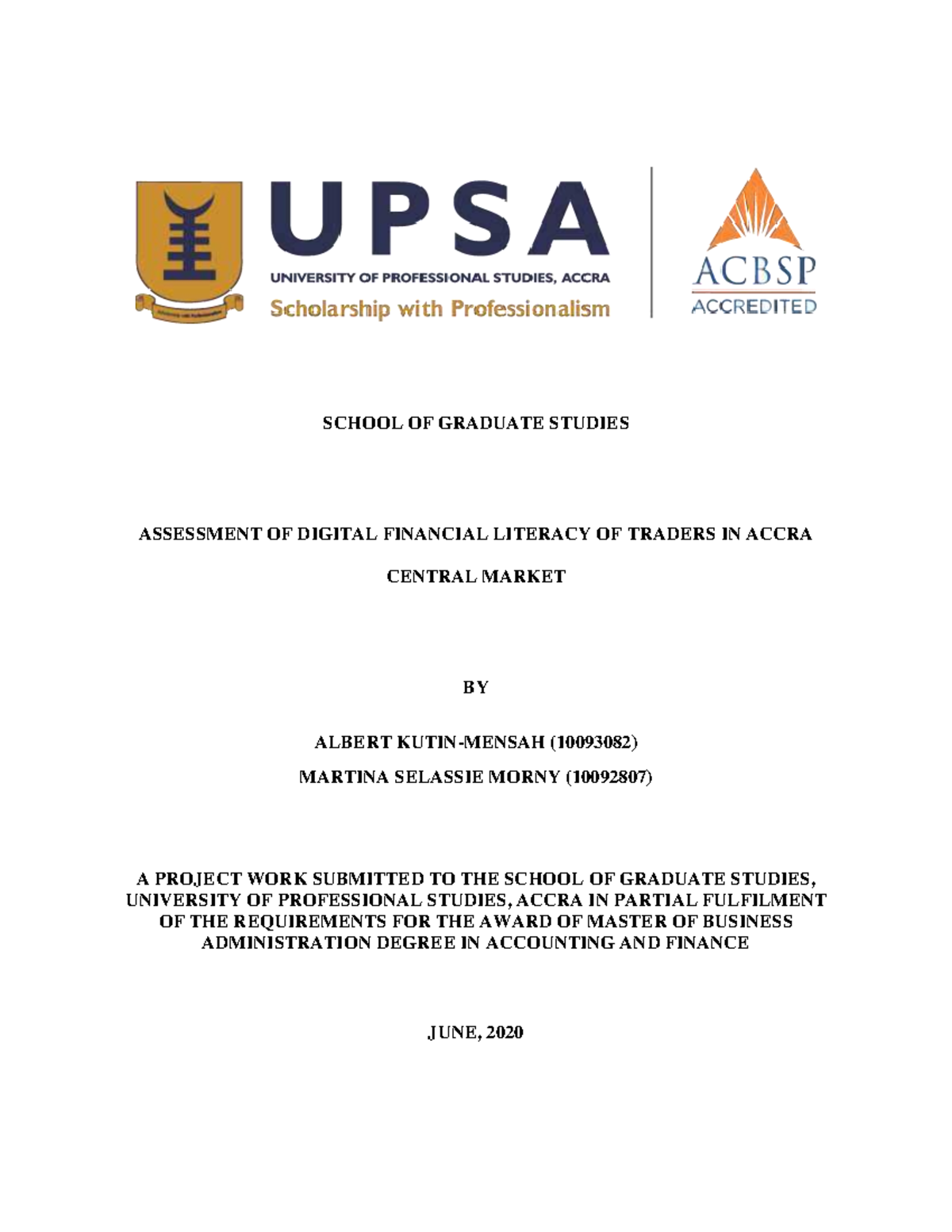 Assessment OF Digital Financial Literacy - SCHOOL OF GRADUATE STUDIES ...