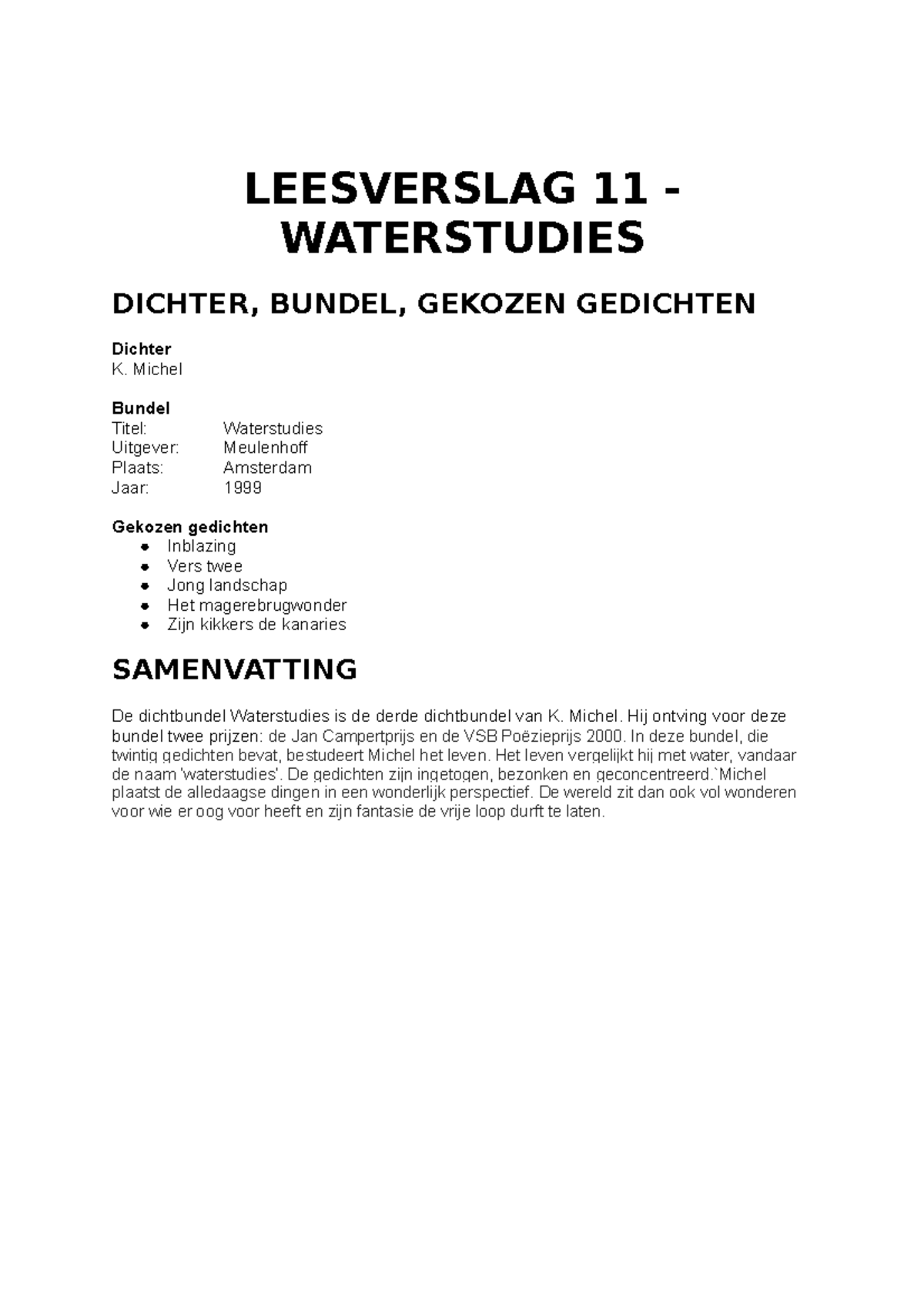 Leesverslag - Poëziebundel 'Waterstudies' - LEESVERSLAG 11 ...