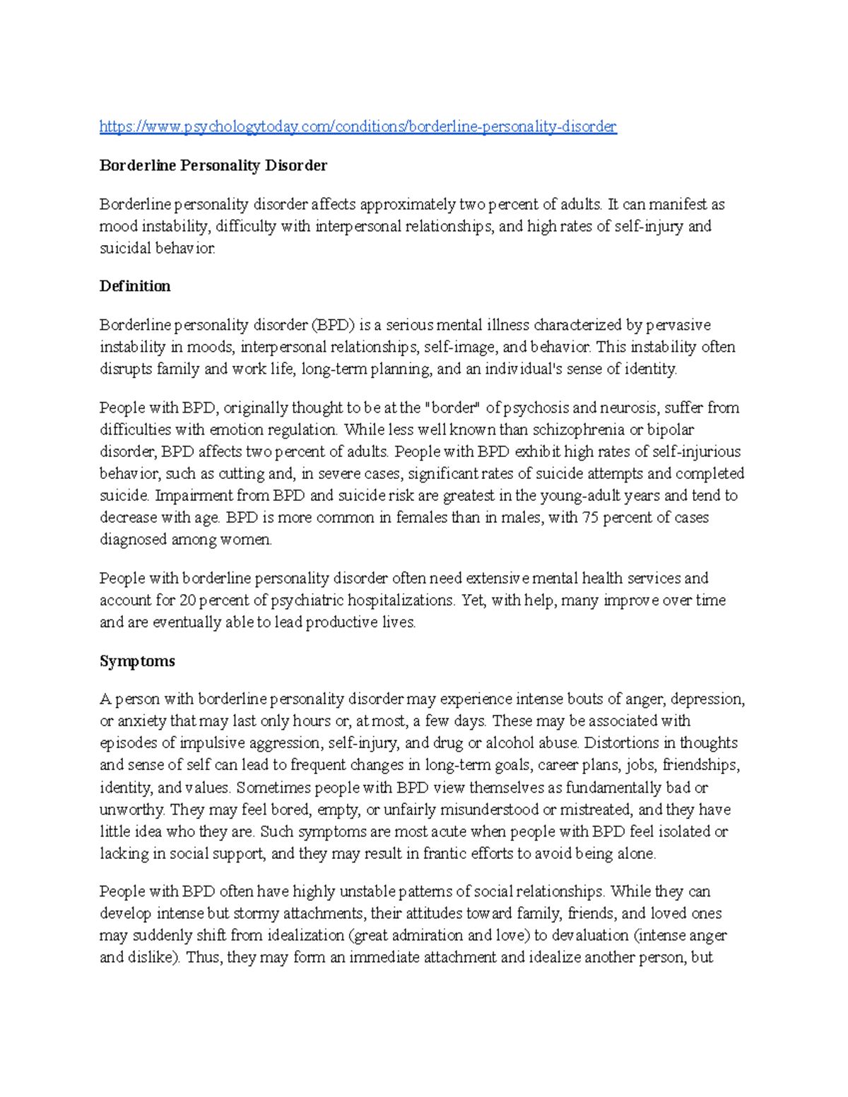Borderline Personality Disorder Resources - - Studocu