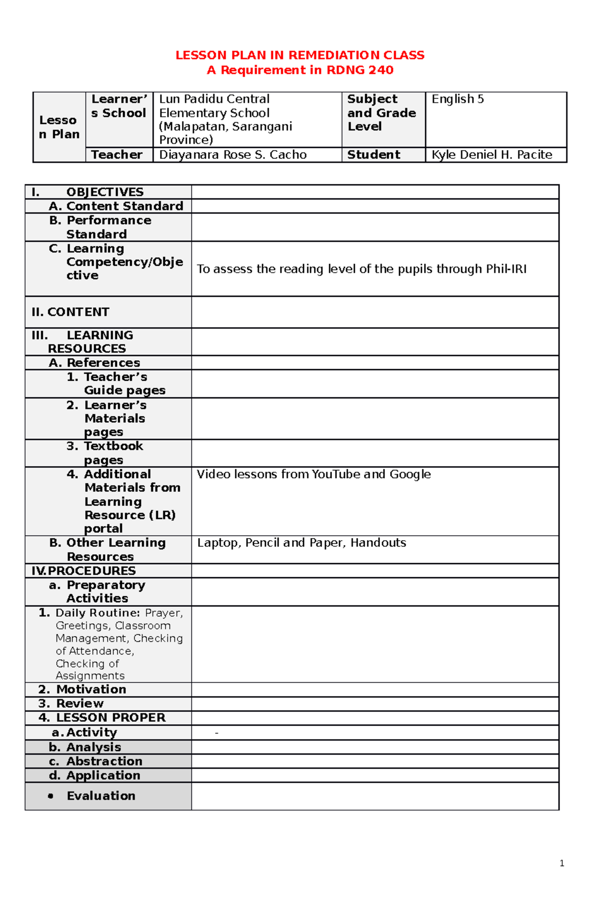 Lesson PLAN IN Remediation Class - LESSON PLAN IN REMEDIATION CLASS A ...