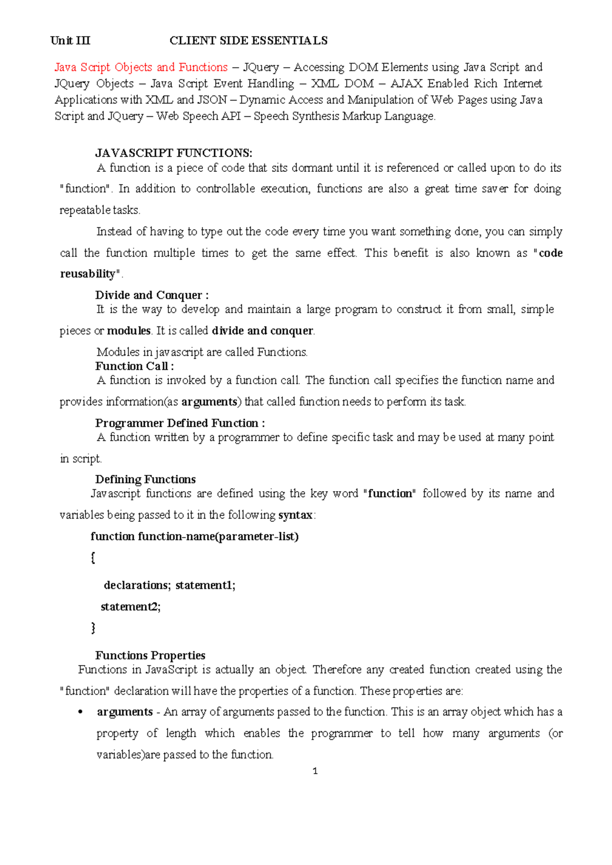 Unit 3 WT Notes - Unit III CLIENT SIDE ESSENTIALS Java Script Objects ...