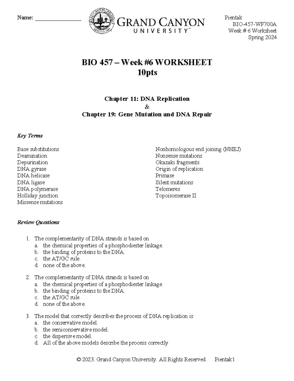 BIO-457-Week #6 Worksheet - Name: ________________ Pientak BIO-457 ...