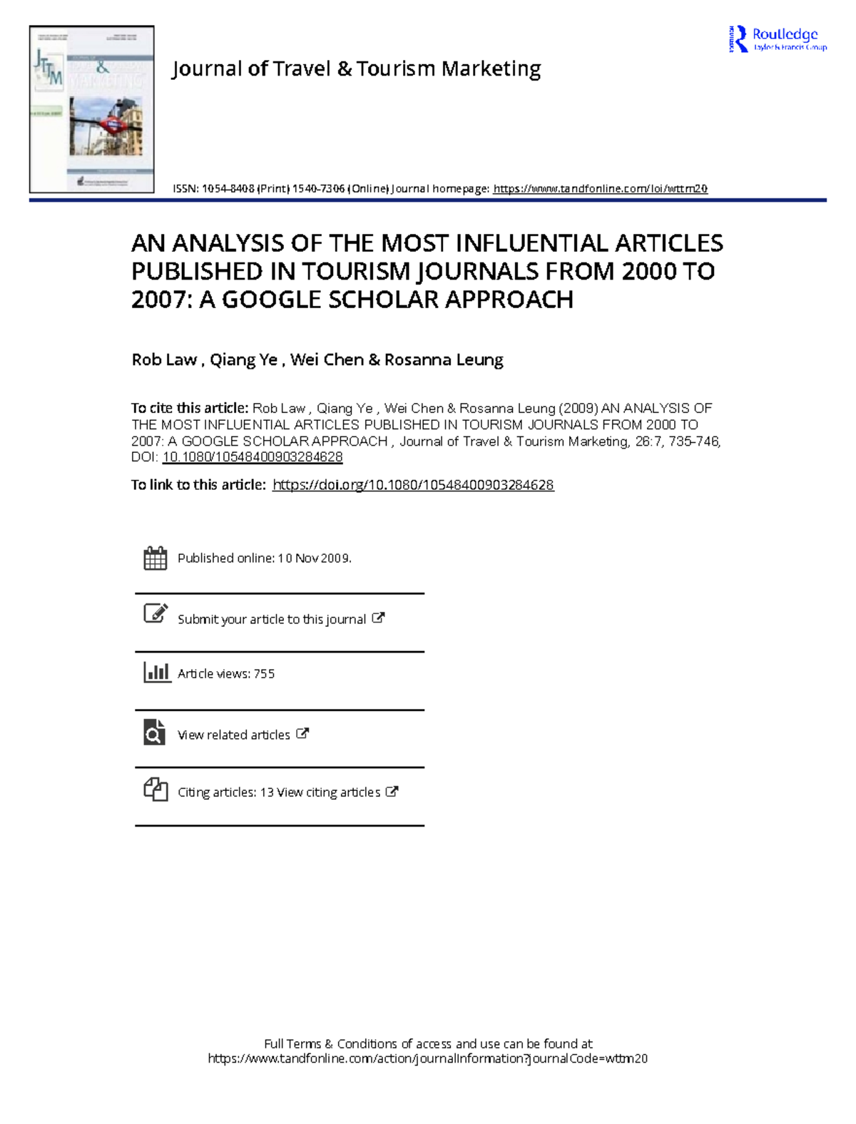 AN Analysis OF THE MOST Influential Articles Published IN Tourism ...