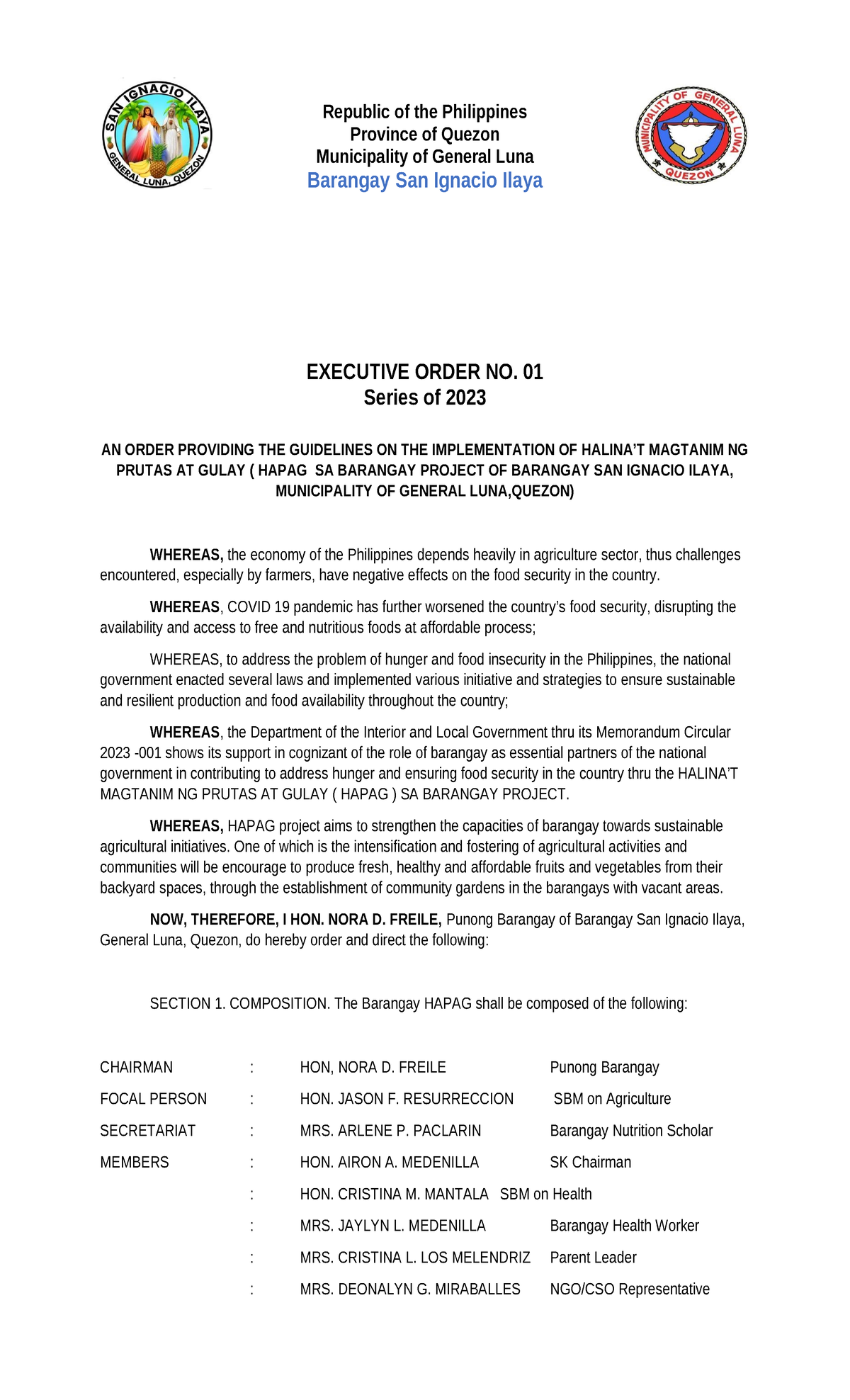 Executive-Order- Hapag - Republic of the Philippines Province of Quezon ...